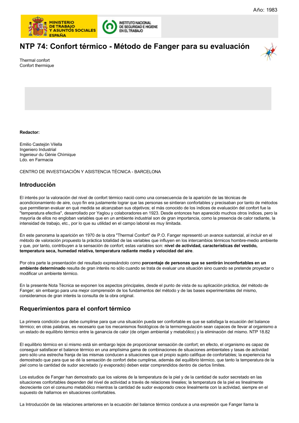 NTP 74: Confort térmico - Método de Fanger para su evaluación