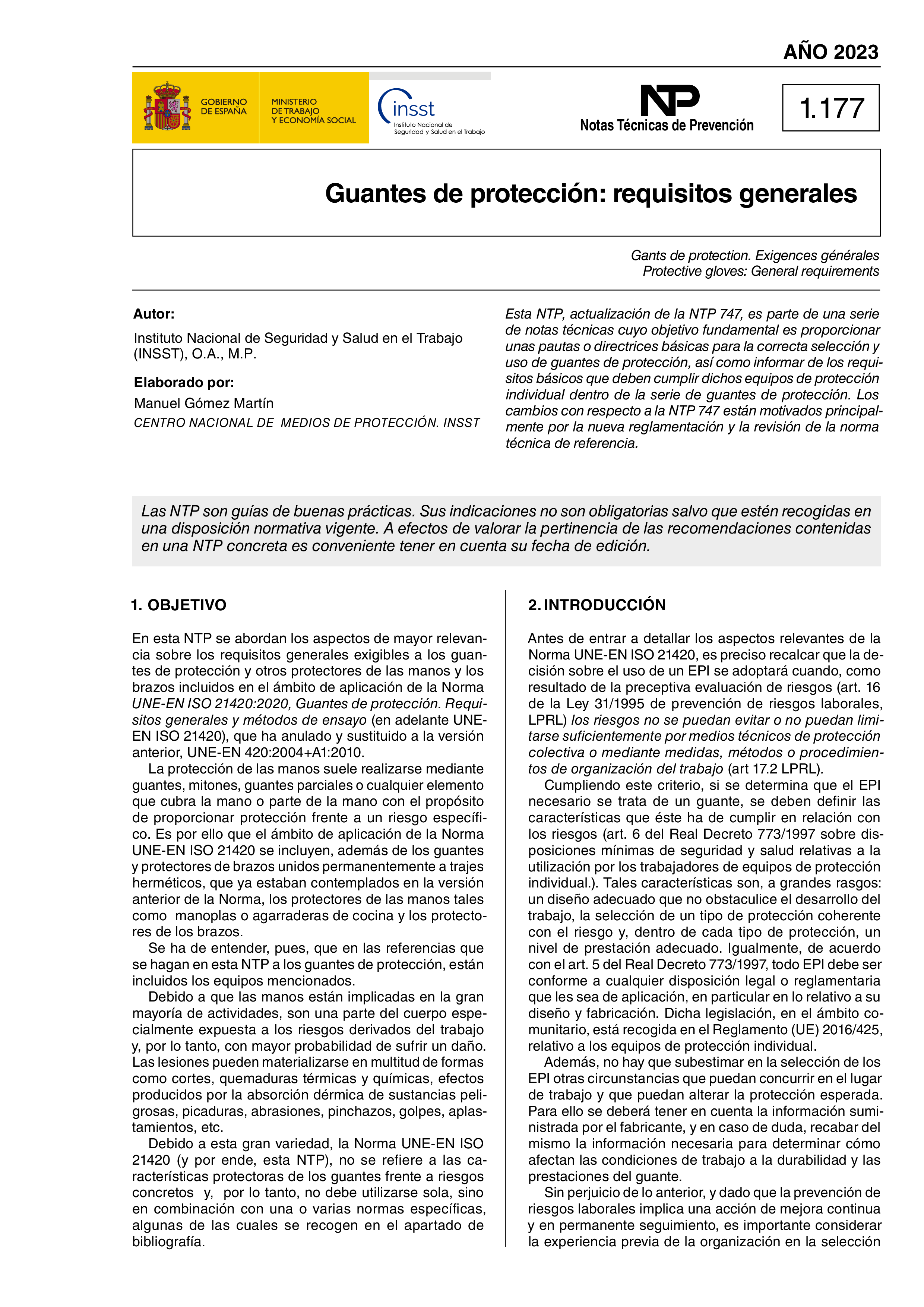 NTP 1177: Guantes de protección: requisitos generales | INSST