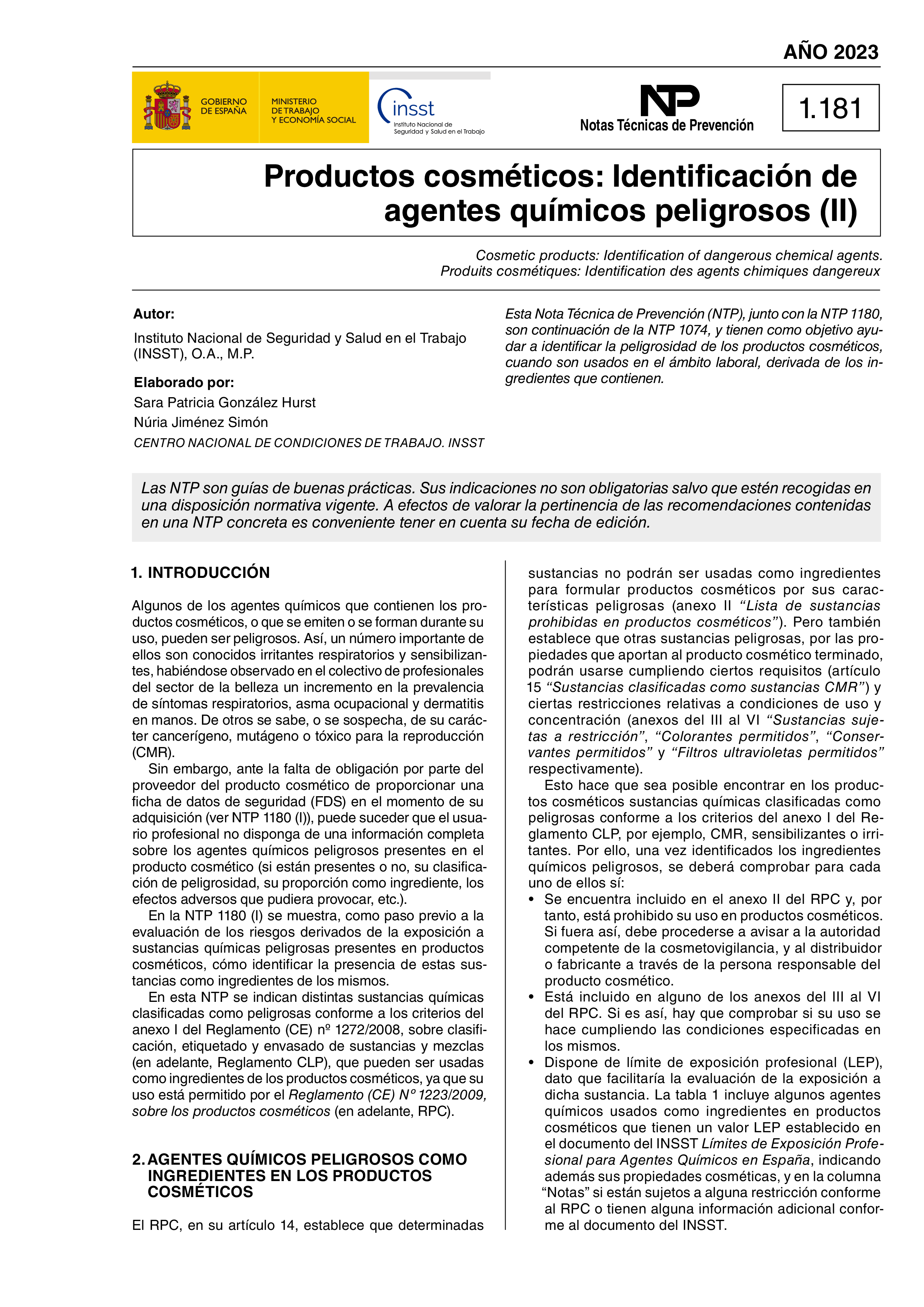 NTP 1181: Productos cosméticos: Identificación de agentes químicos ...