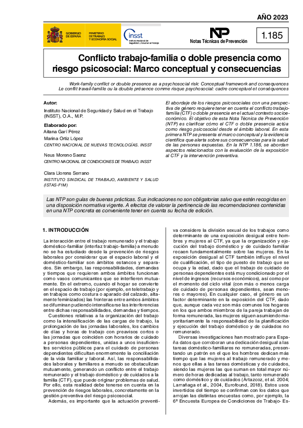 NTP 1185: Conflicto trabajo-familia o doble presencia como riesgo ...