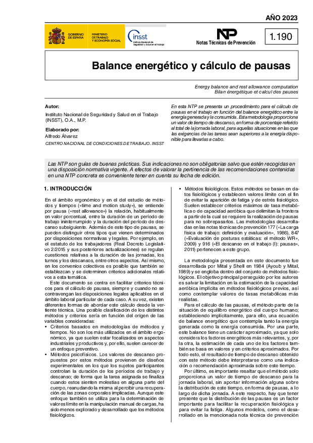 NTP 1190: Balance energético y cálculo de pausas | INSST - PDF