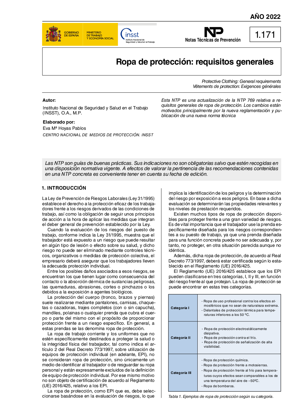 NTP 1171: Ropa de protección: requisitos generales | INSST- PDF