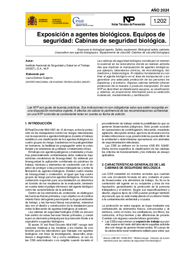NTP 1202: Exposición a agentes biológicos. Equipos de seguridad ...