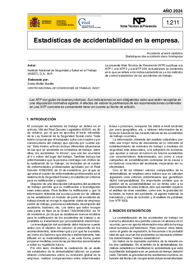 NTP 1211: Estadísticas de accidentabilidad en la empresa | INSST - PDF