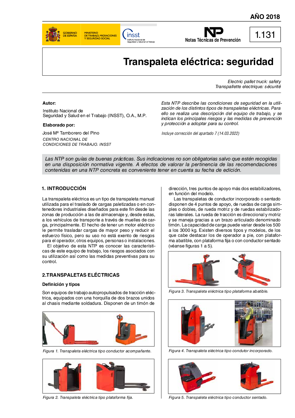 NTP 1131: Transpaleta eléctrica: seguridad | INSST - PDF