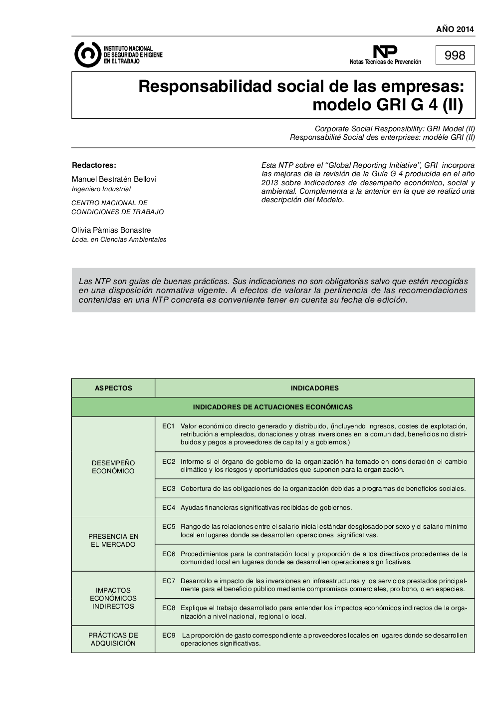 NTP 998: Responsabilidad social de las empresas: modelo GRI G 4 (II ...