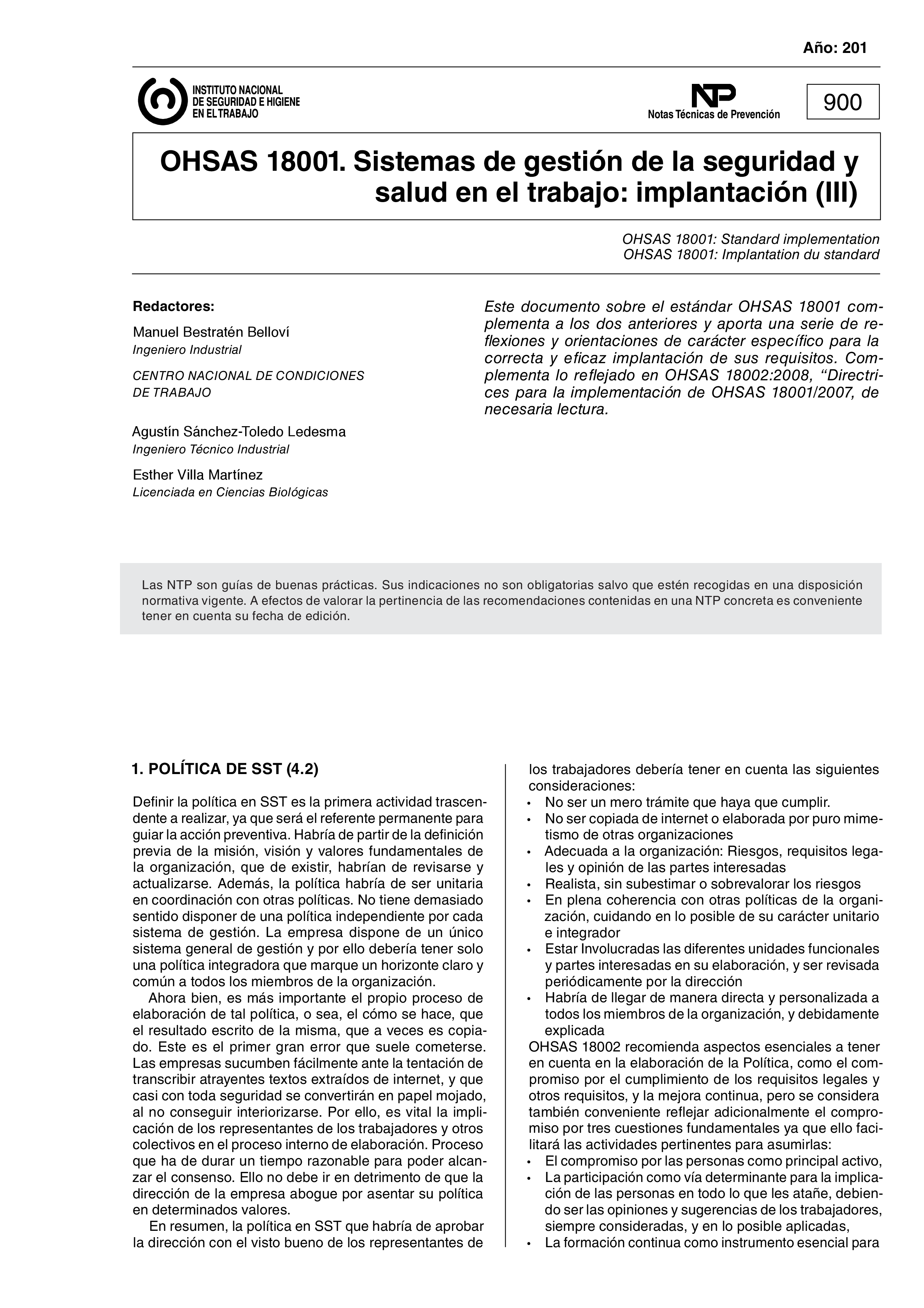 NTP 900: OHSAS 18001. Sistemas de gestión de la seguridad y salud en el ...