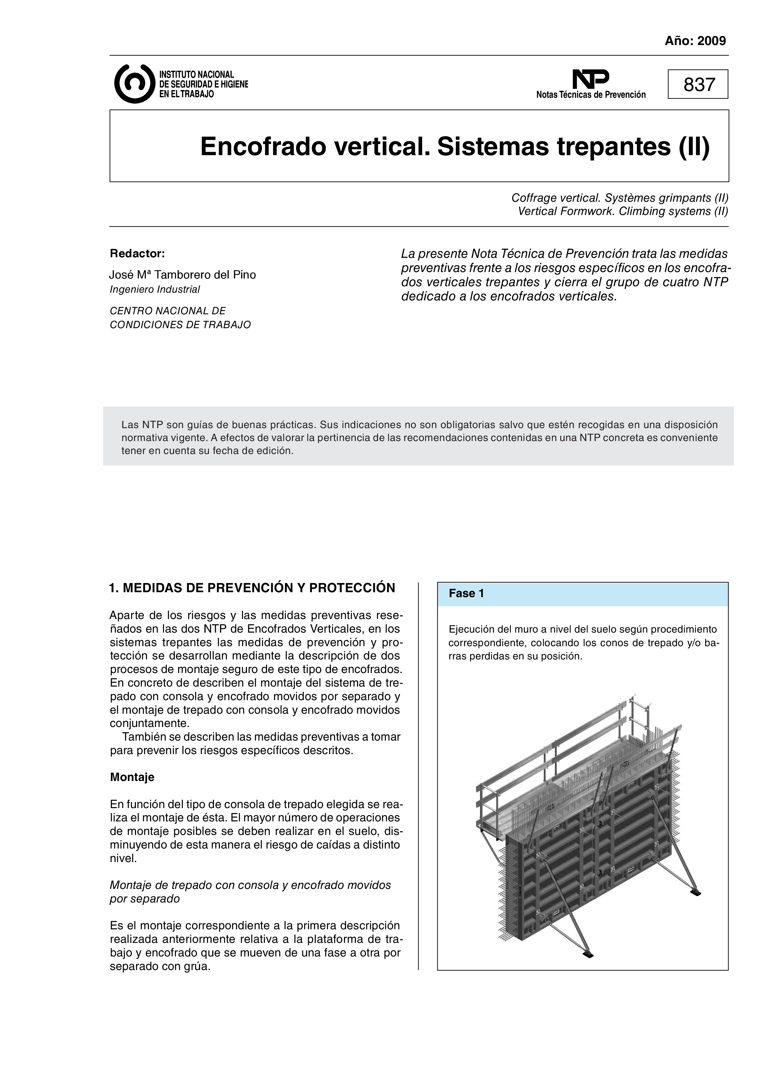 NTP 837: Encofrado vertical. Sistemas trepantes (II) | INSST - PDF