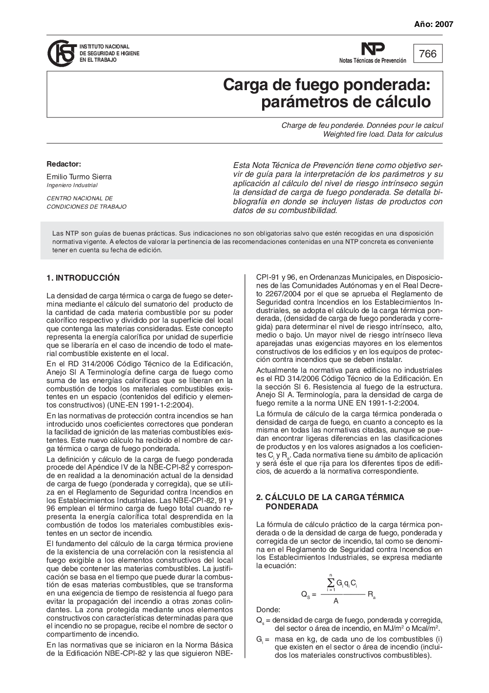 NTP 0766: Carga de fuego ponderada: parámetros de cálculo | INSST