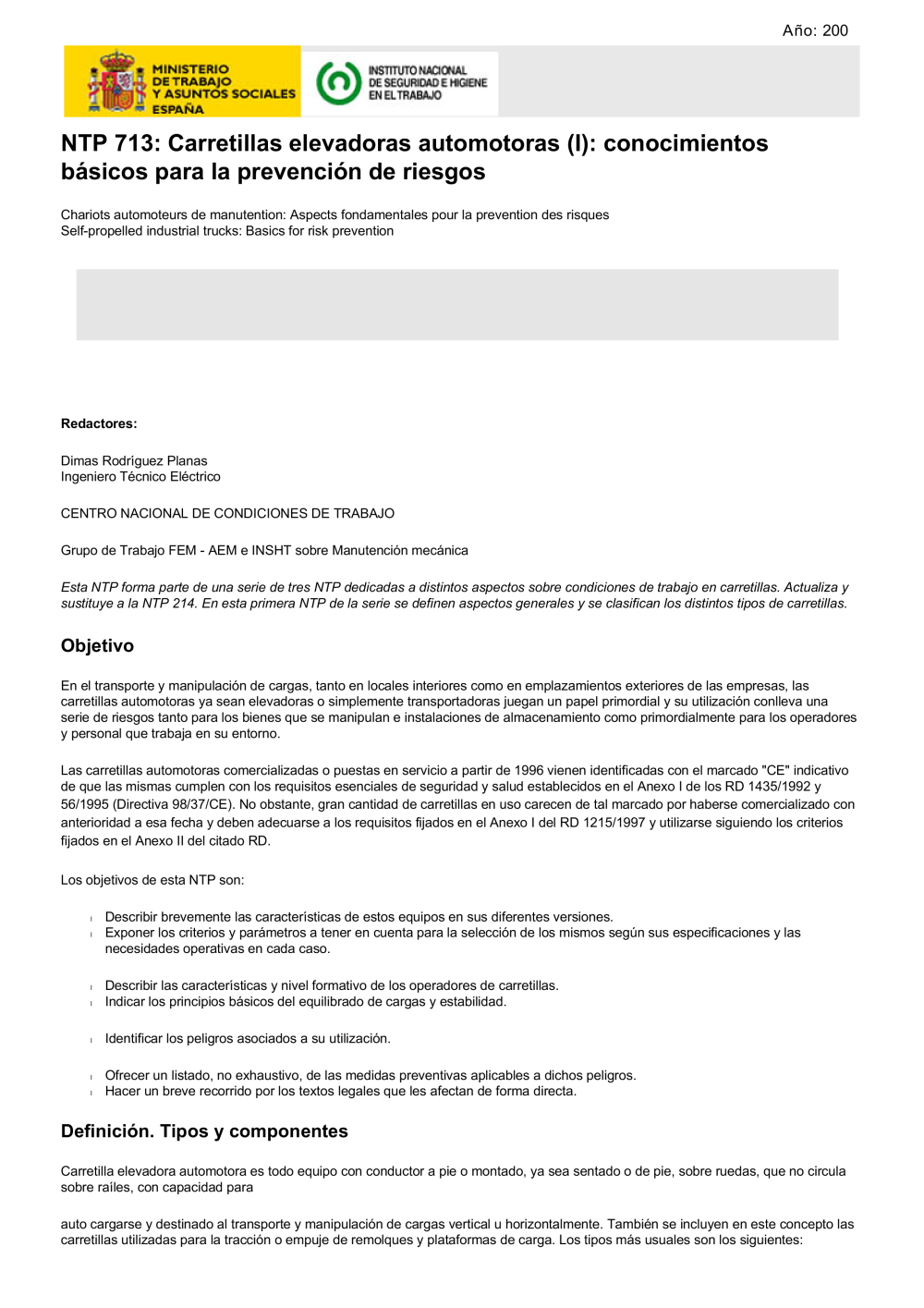 NTP 713: Carretillas elevadoras automotoras (I): conocimientos básicos para la prevención de riesgos