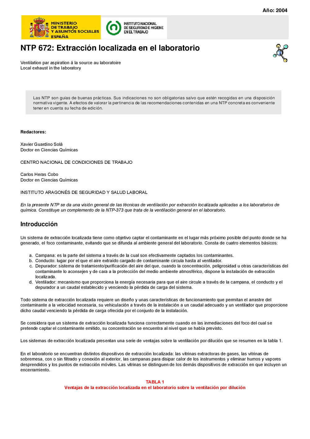 NTP 672. Extracción localizada en el laboratorio.
