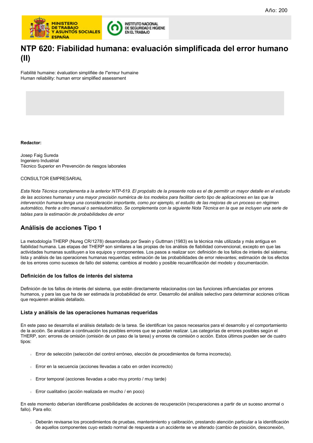 NTP 620: Fiabilidad humana: evaluación simplificada del error humano (II)