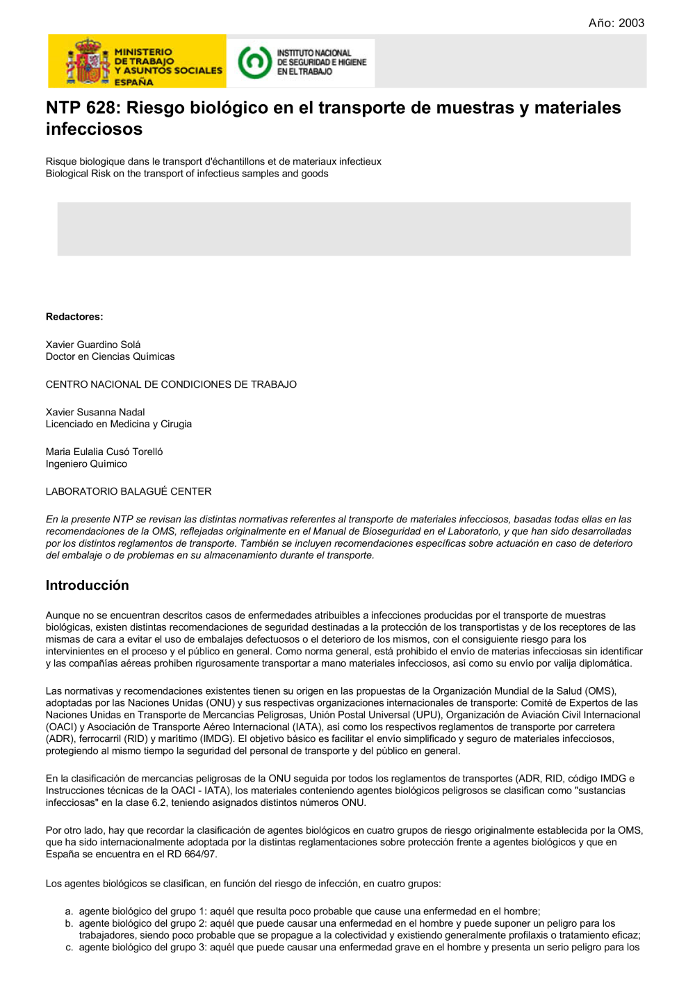 NTP 628: Riesgo biológico en el transporte de muestras y materiales infecciosos.