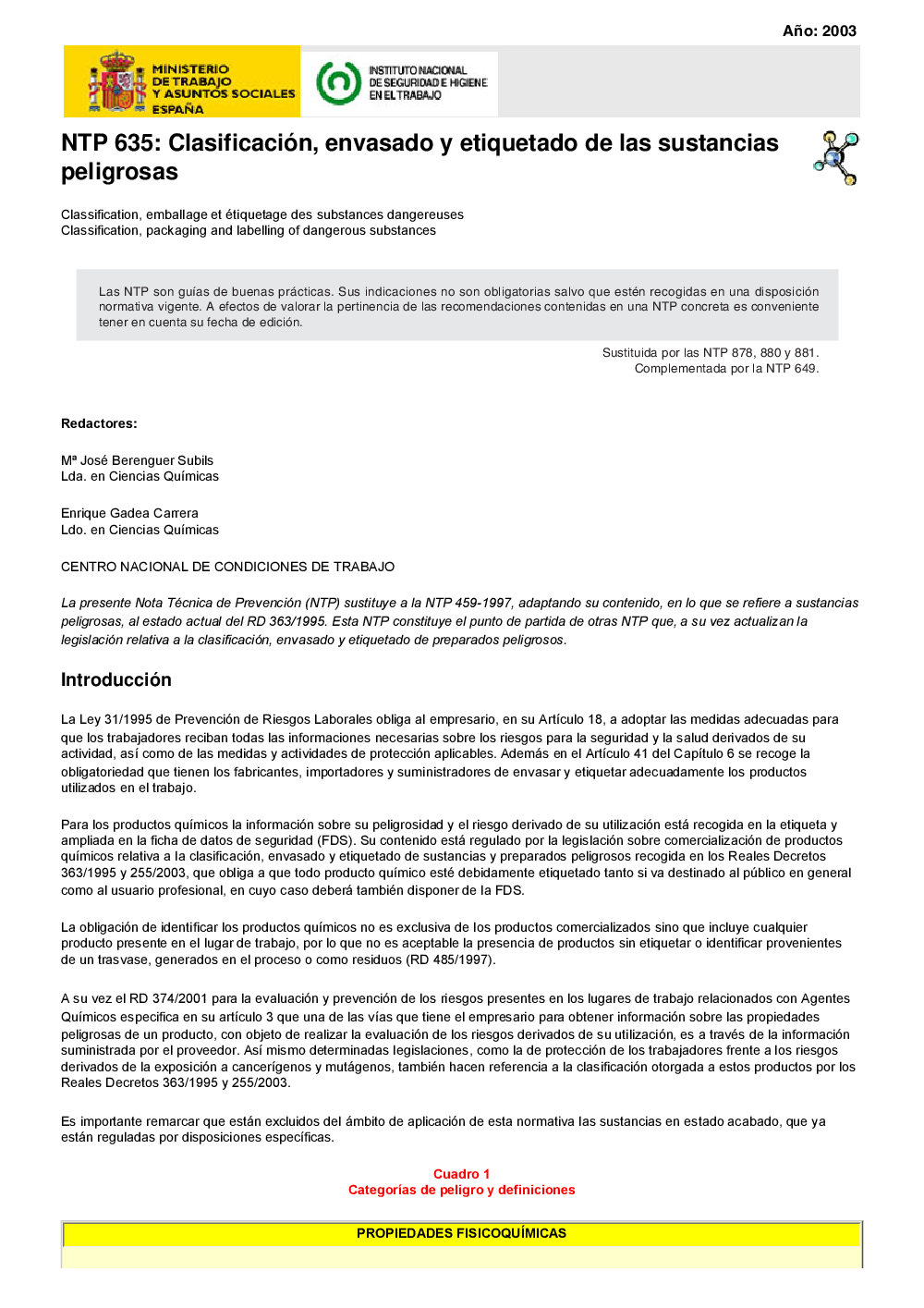 NTP 635: Clasificación, envasado y etiquetado de las sustancias peligrosas.