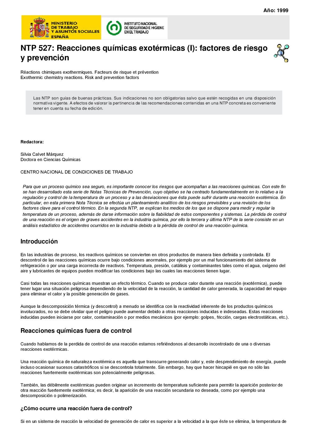 Hoja De Trabajo Con Descripción General De Reacciones Químicas Sofia