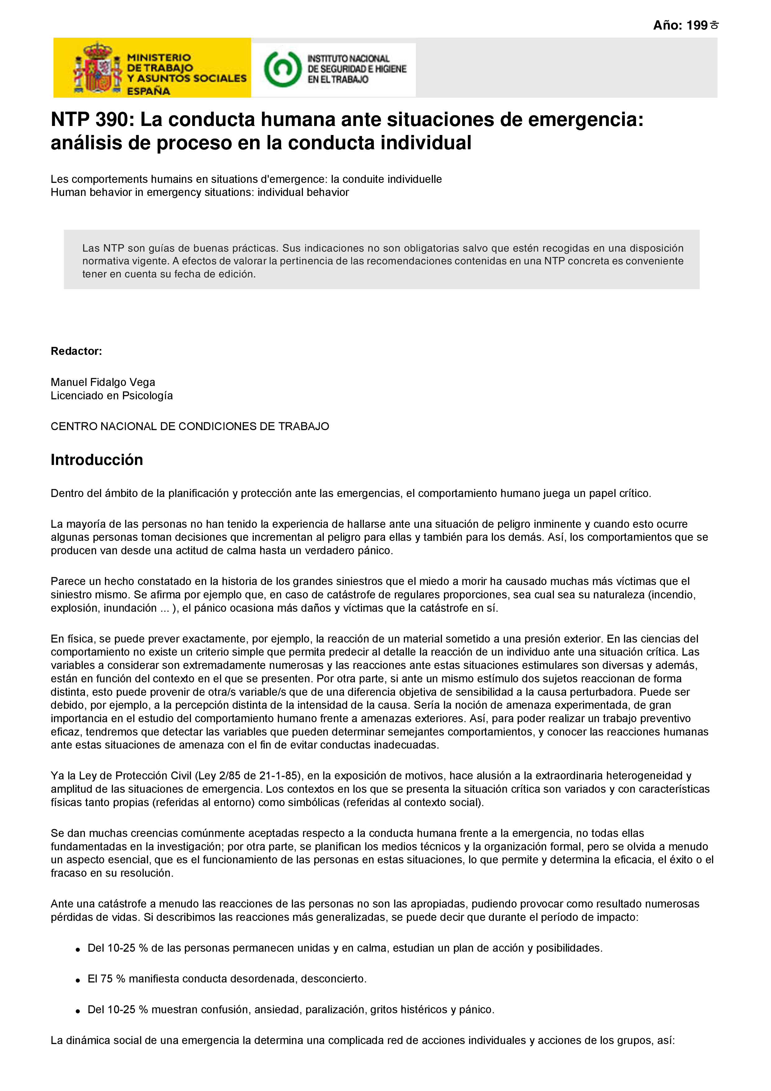 NTP 390: La conducta humana ante situaciones de emergencia: análisis de ...