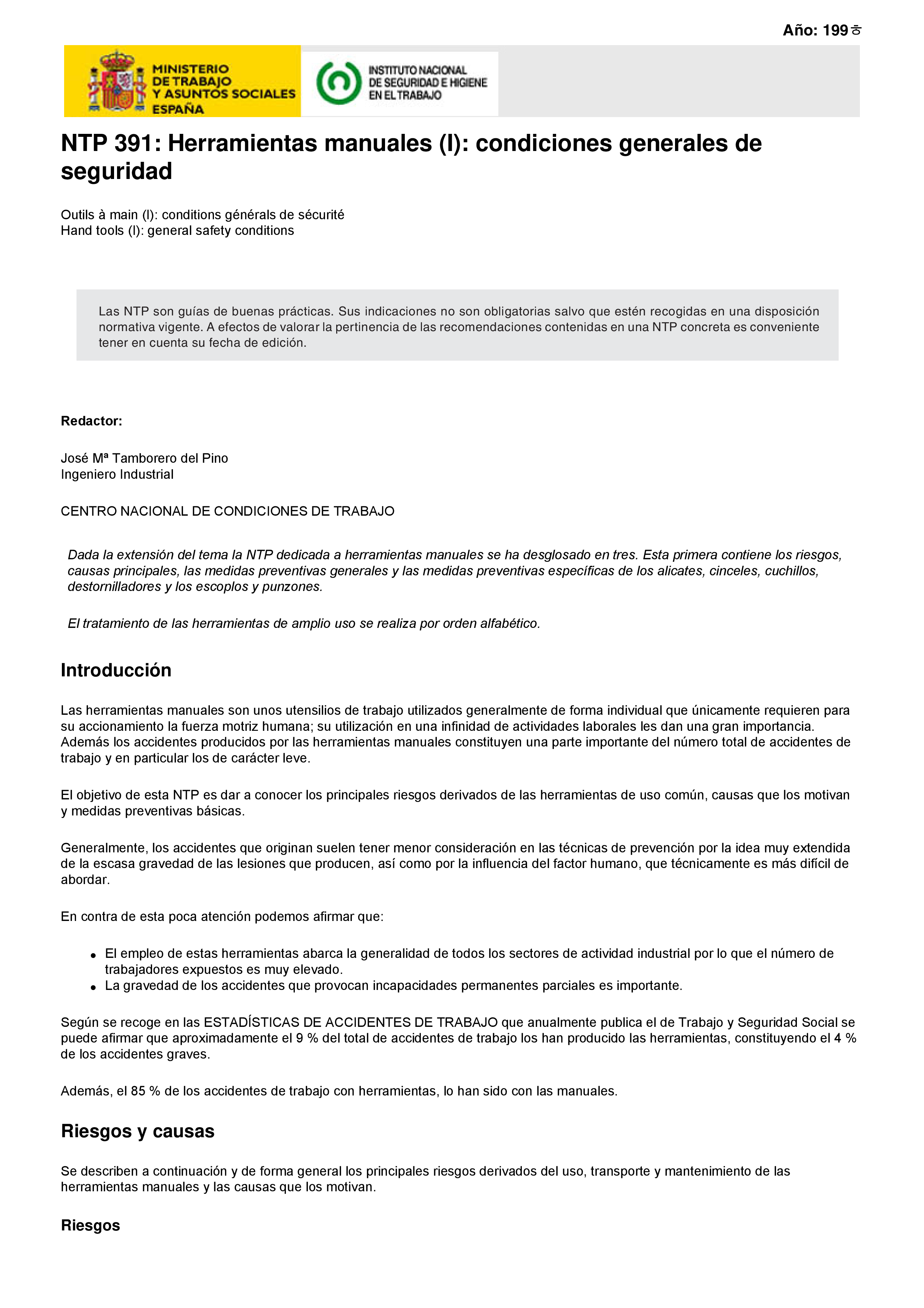 NTP 391: Herramientas manuales (I): condiciones generales de seguridad