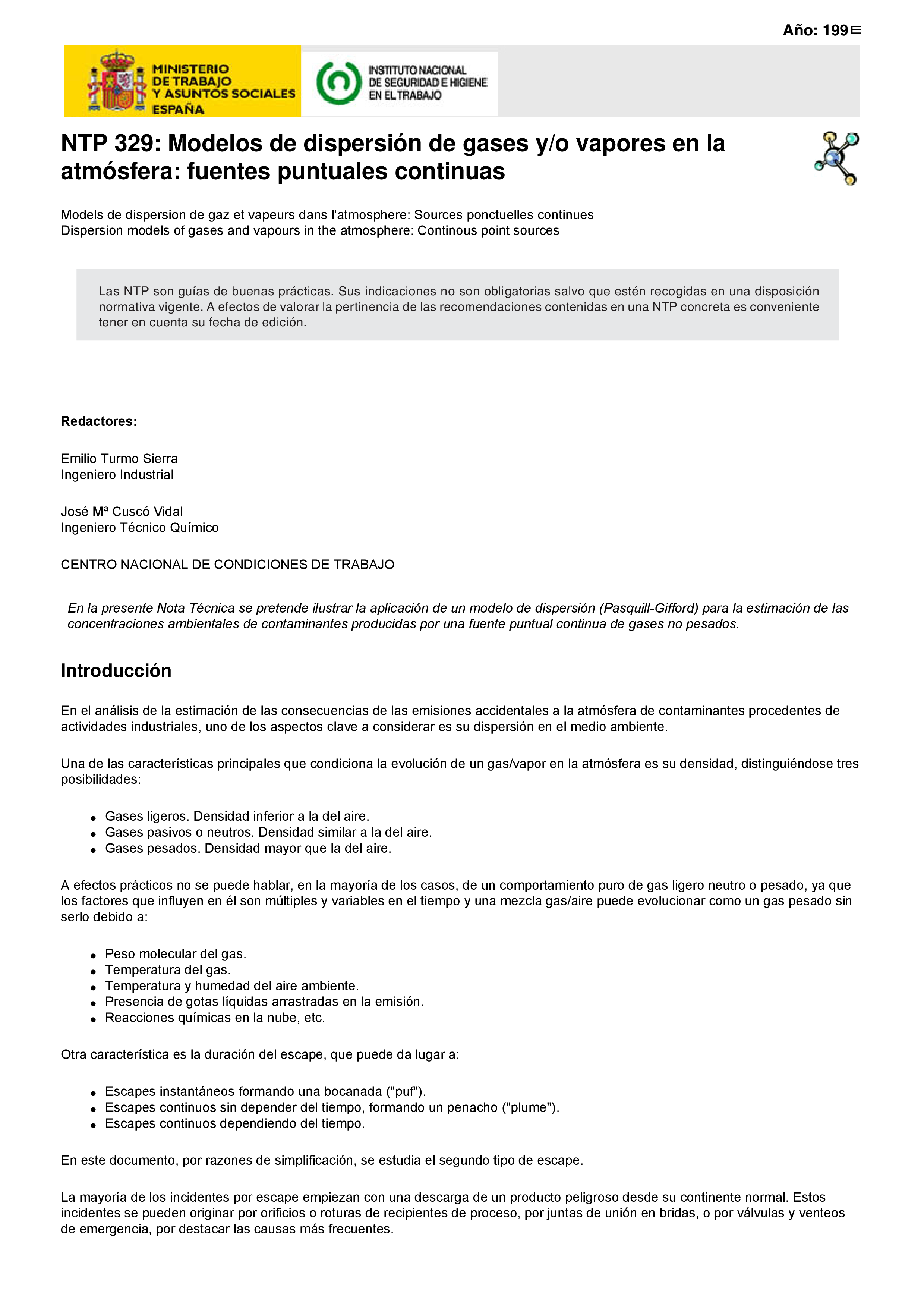 Ntp 329 Modelos De Dispersión De Gases Y O Vapores En La Atmósfera