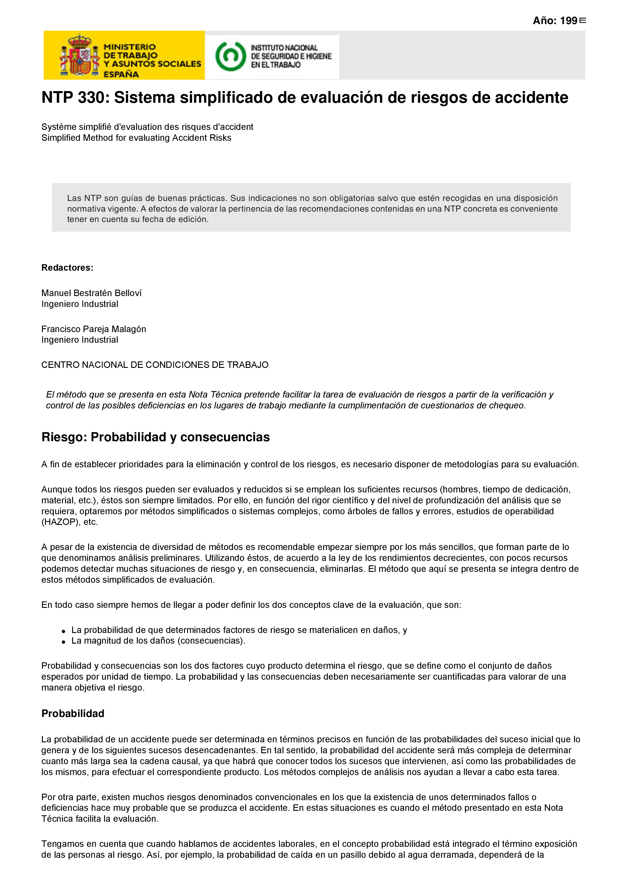 NTP 330: Sistema simplificado de evaluación de riesgos de accidente ...