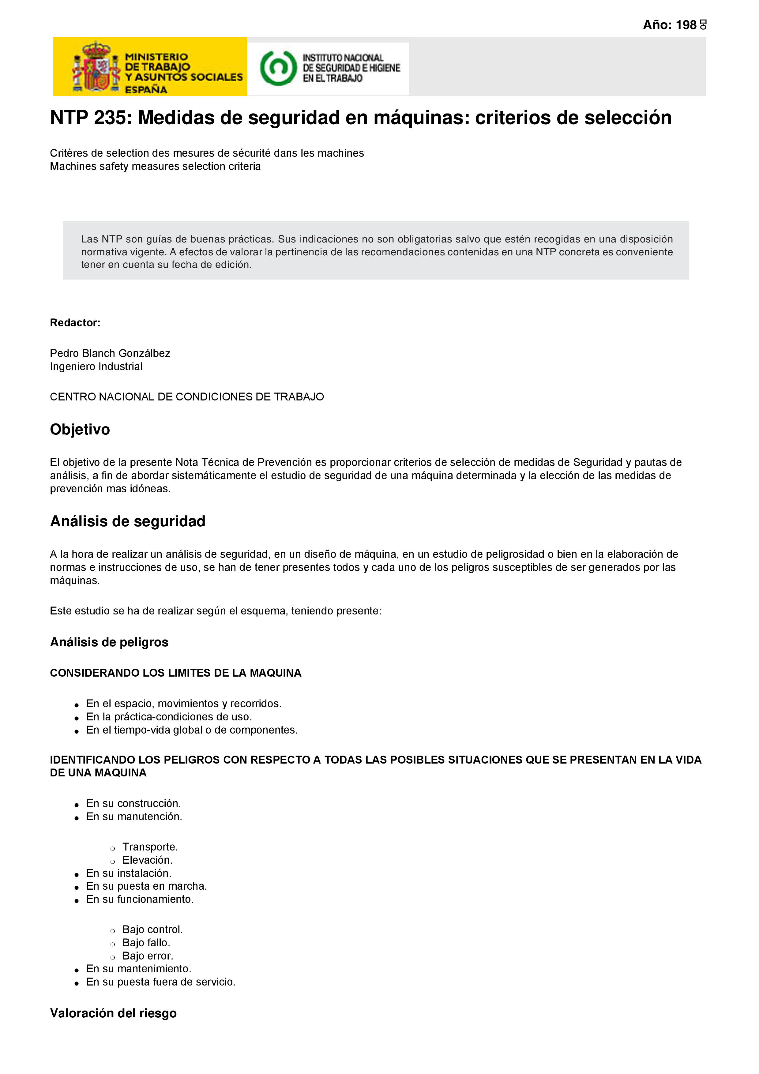 NTP 235: Medidas de seguridad en máquinas: criterios de selección