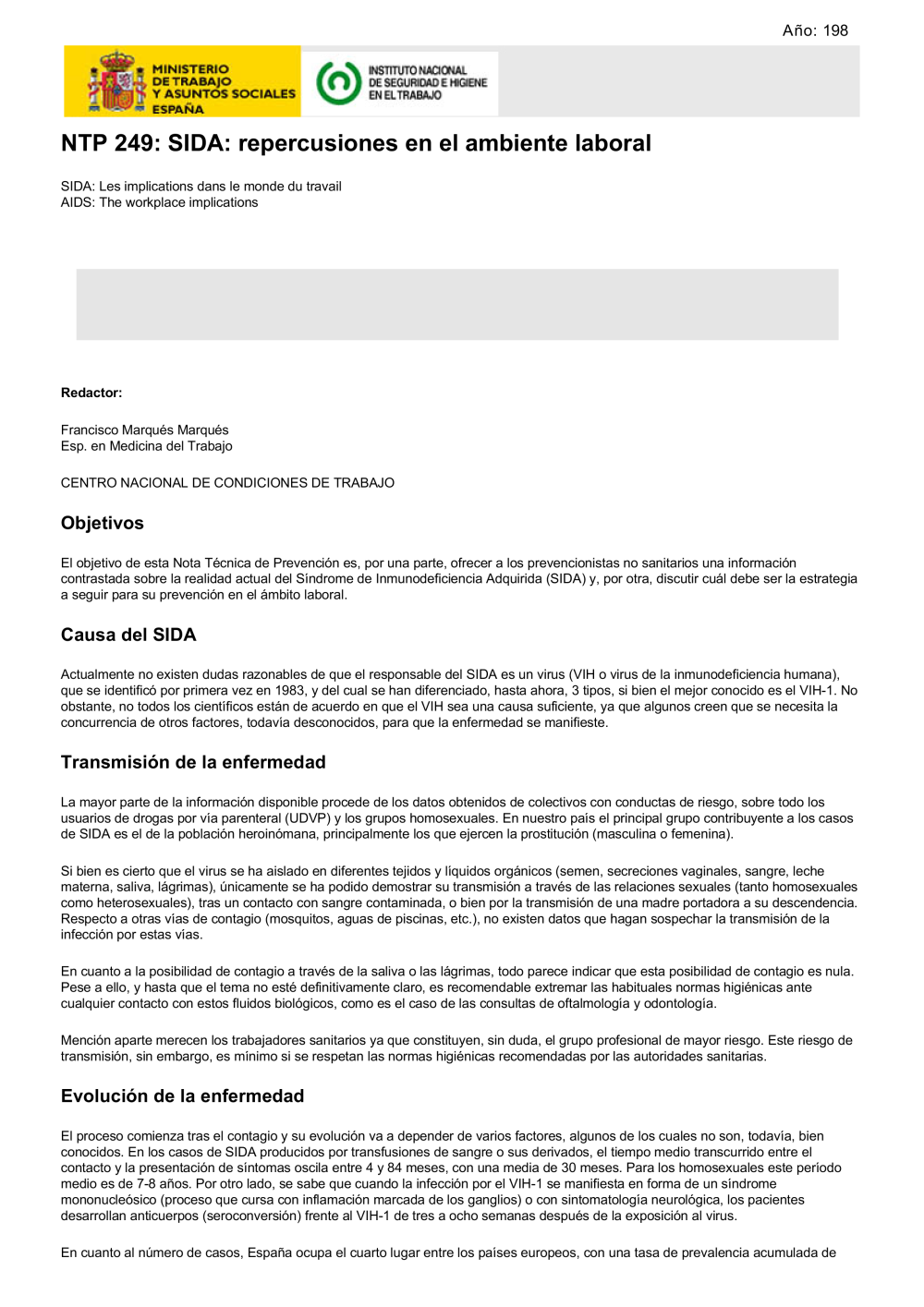 NTP 249: SIDA: repercusiones en el ambiente laboral