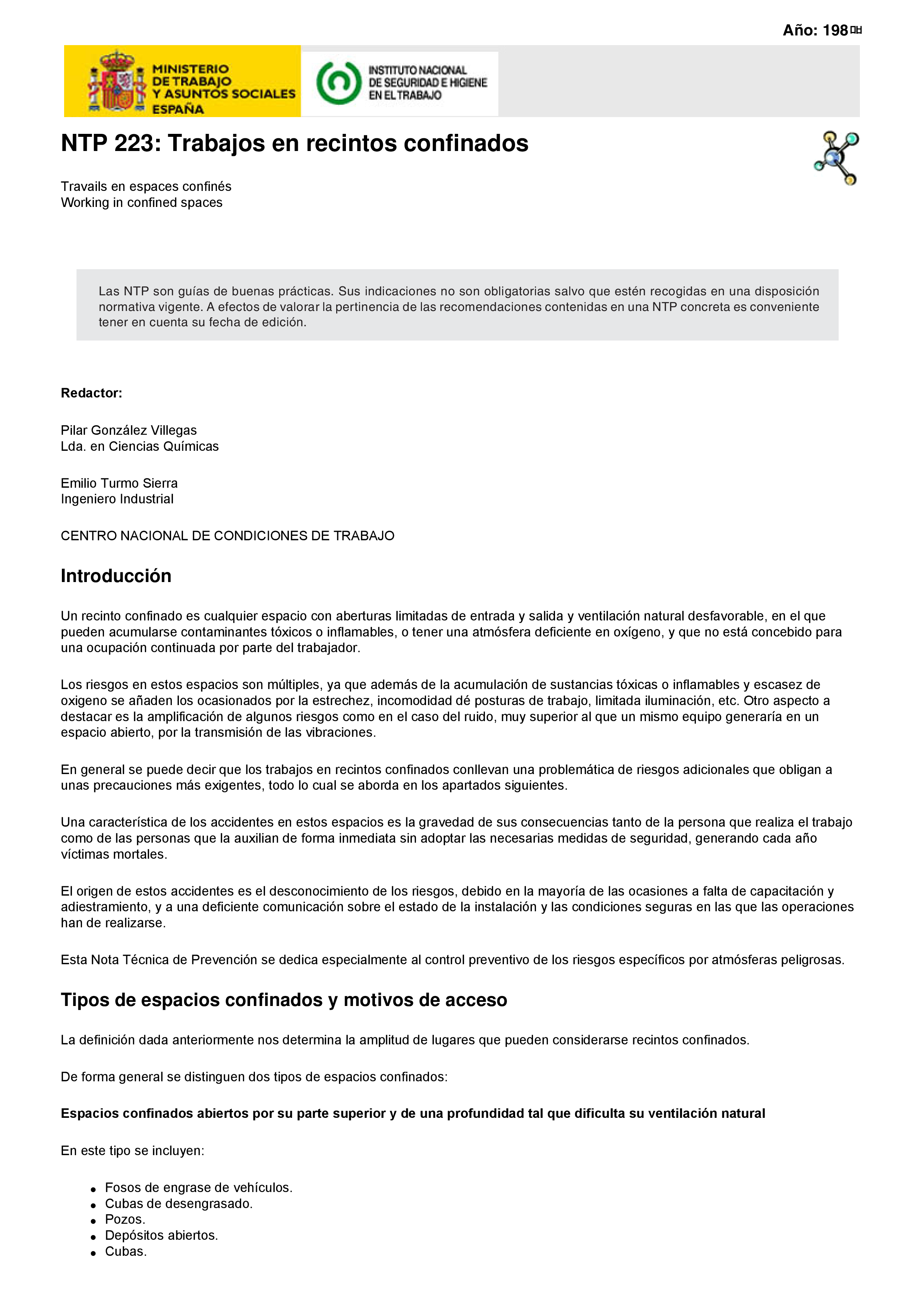 NTP 223: Trabajos en recintos confinados