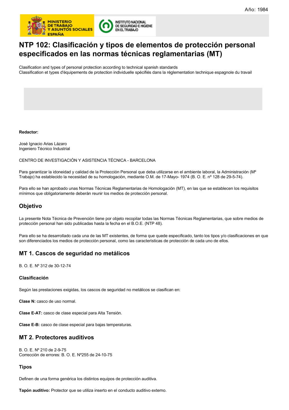 NTP 102: Clasificación y tipos de elementos de protección personal ...