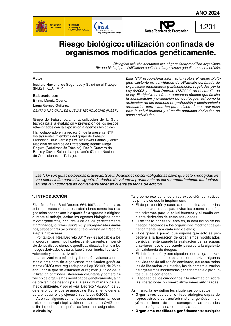 NTP 1201: Riesgo biológico: utilización confinada de organismos ...